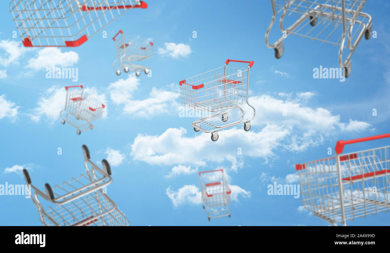 3d rendering of a blue cloudy sky full of flying and falling ...