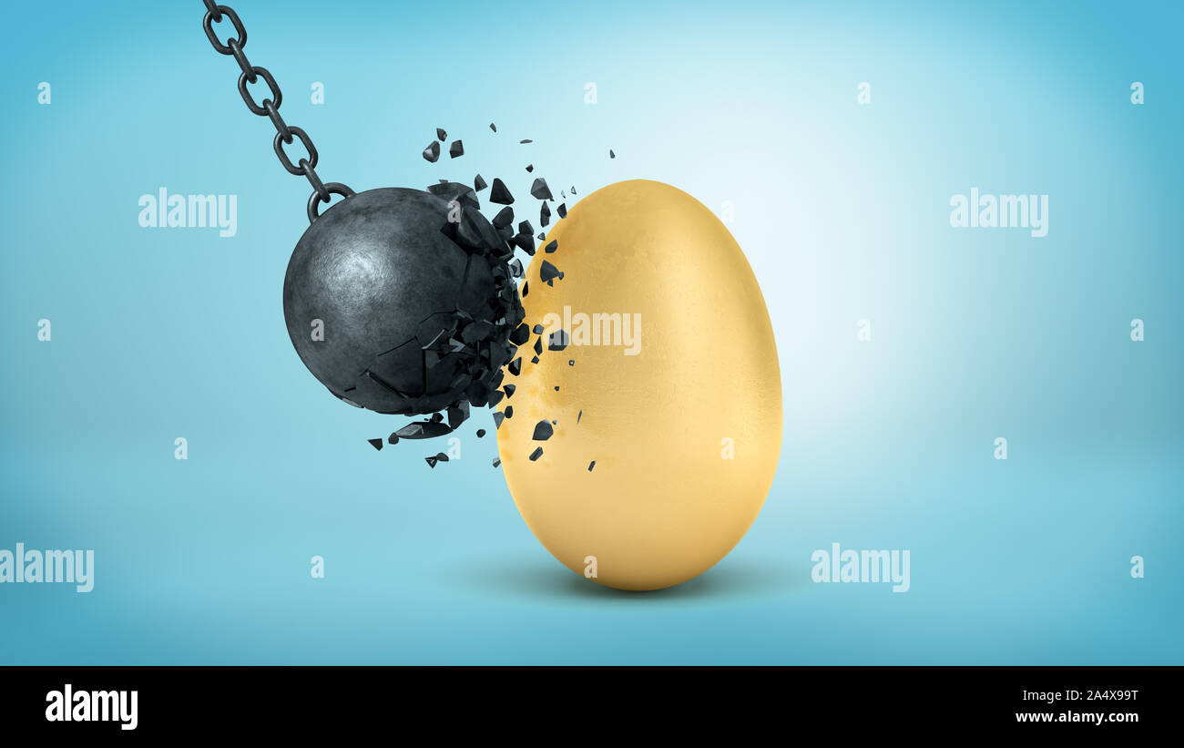 3d rendering of black swinging wrecking ball breaks at collision with a ...