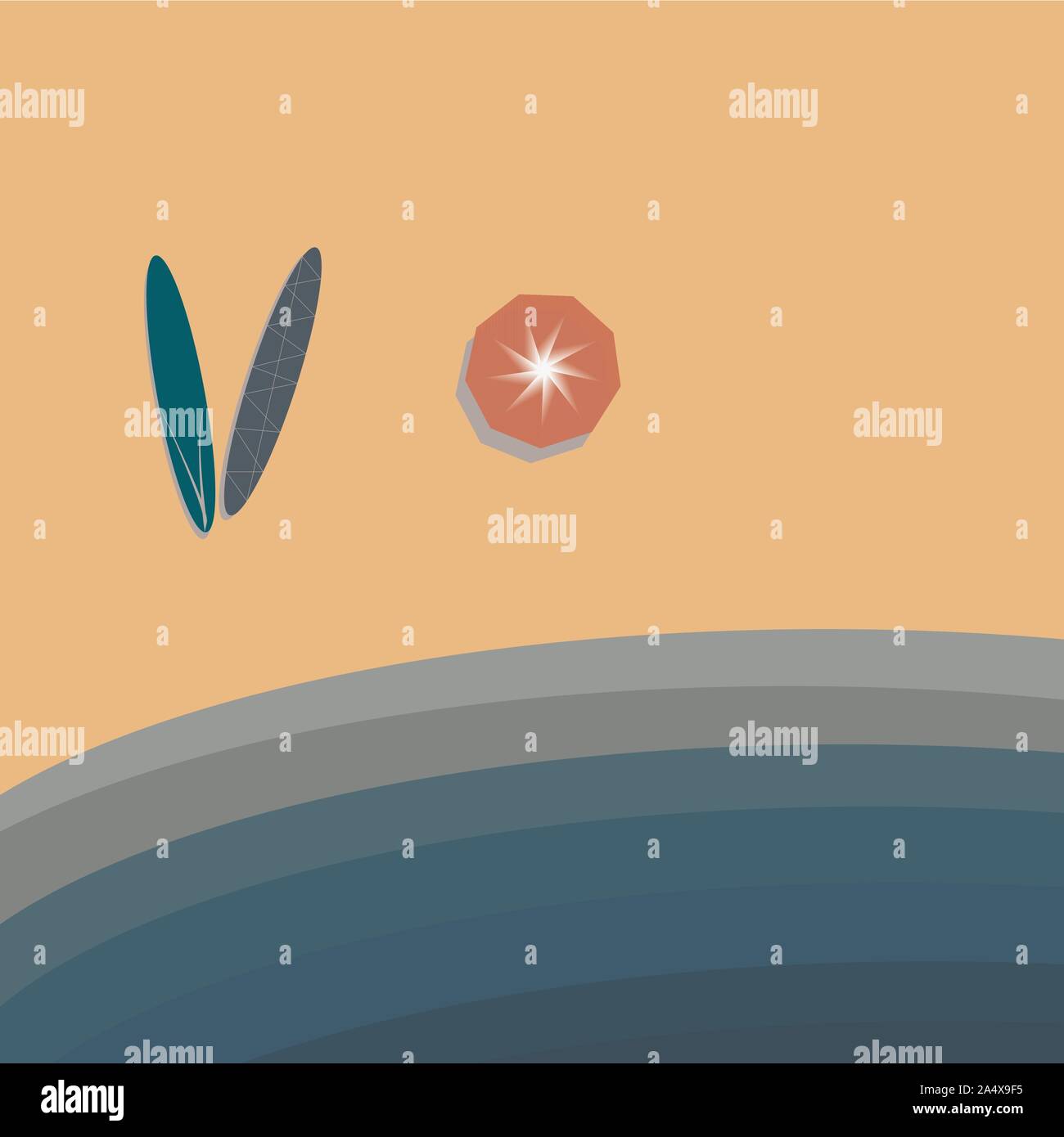 top view beach background with umbrellas, surfing boards and sea ...