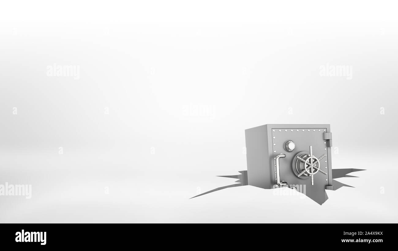 3d rendering of a metal retro safe box with a round handle stuck inside ...