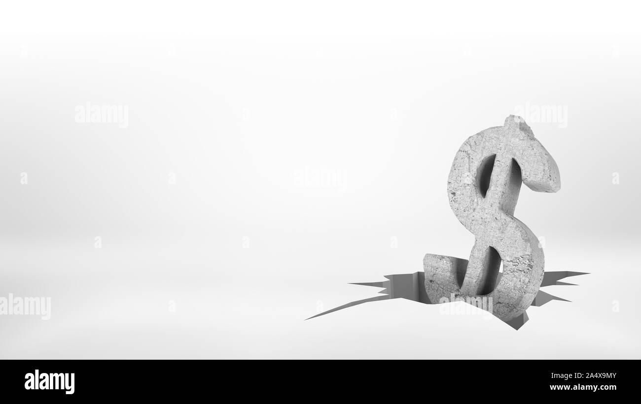3d rendering of a large concrete dollar sign half-fallen inside a large ...