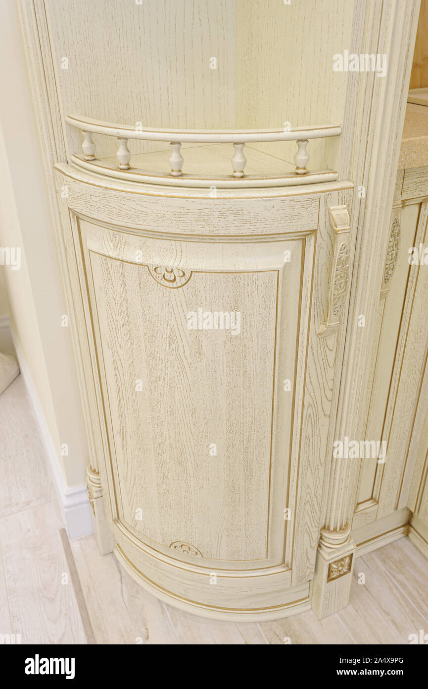 Luxury modern beige kitchen closeup, some drawers open Stock Photo - Alamy