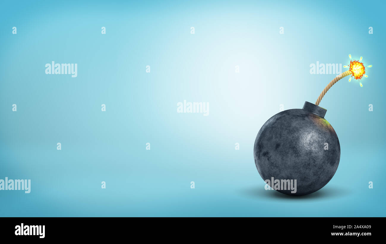 3d rendering of a large and old iron bomb stands on a blue background ...