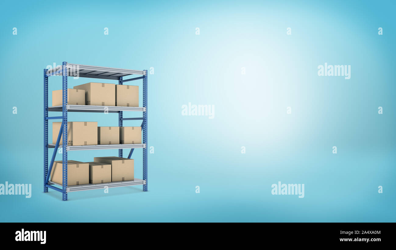 3d rendering of a metal storage rack with three shelves full of closed ...