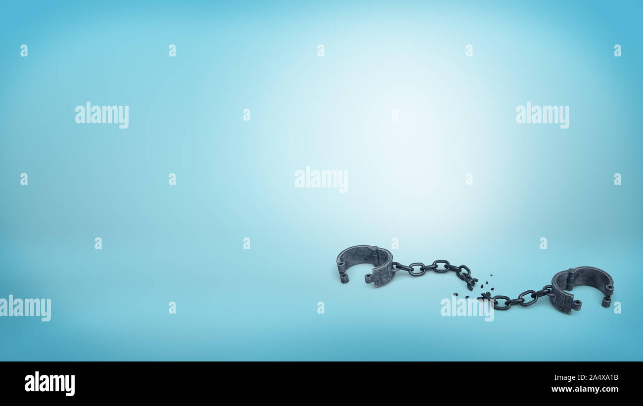 3d rendering of set of iron black handcuffs on a broken chain lying ...