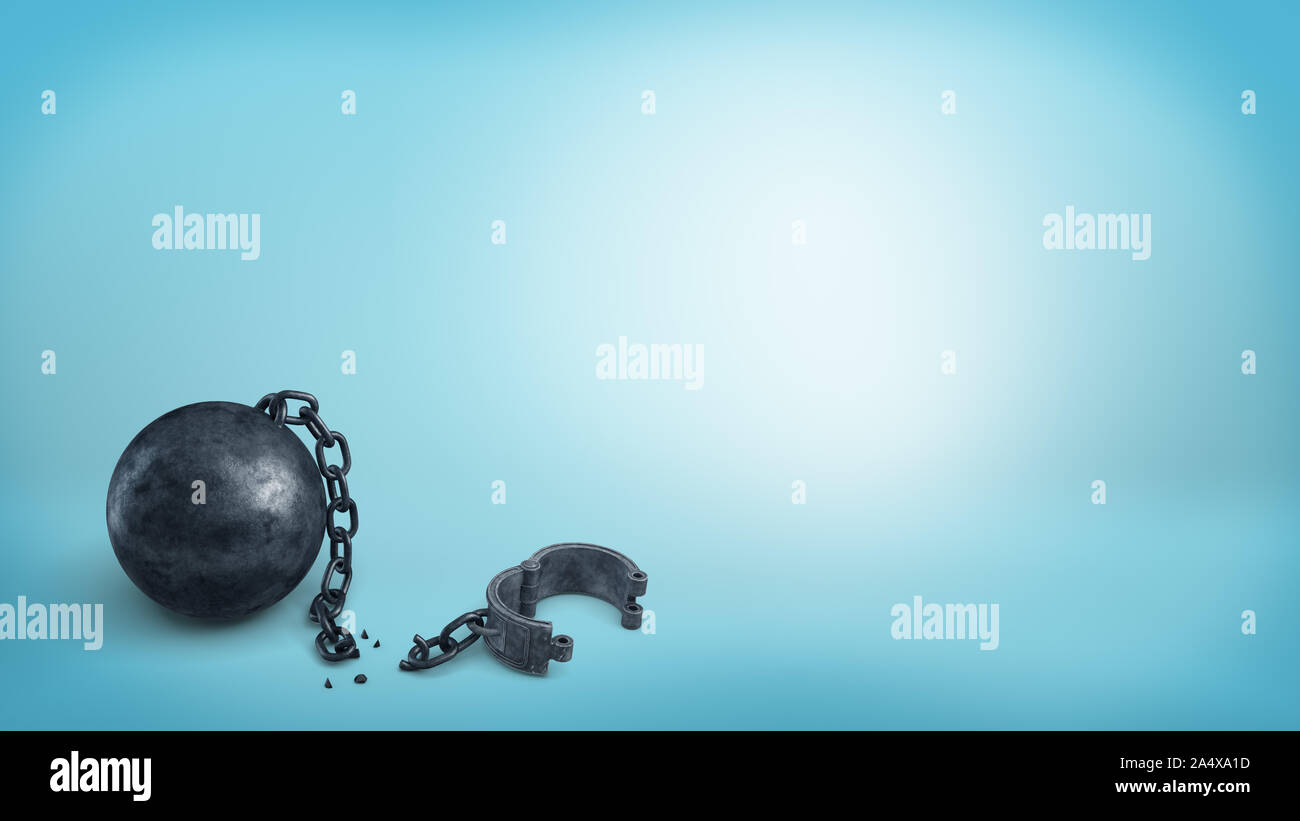 3d rendering of a black metal iron ball disconnected from a leg cuff by ...