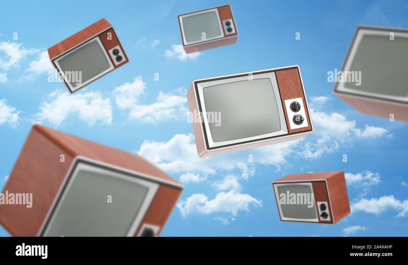 3d rendering of a many brown retro TV boxes with blank screens fly on ...