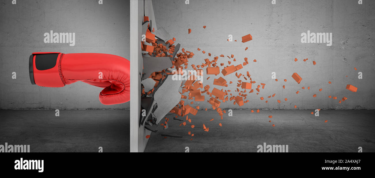 3d rendering of a huge red boxing glove in side view touches a brick ...