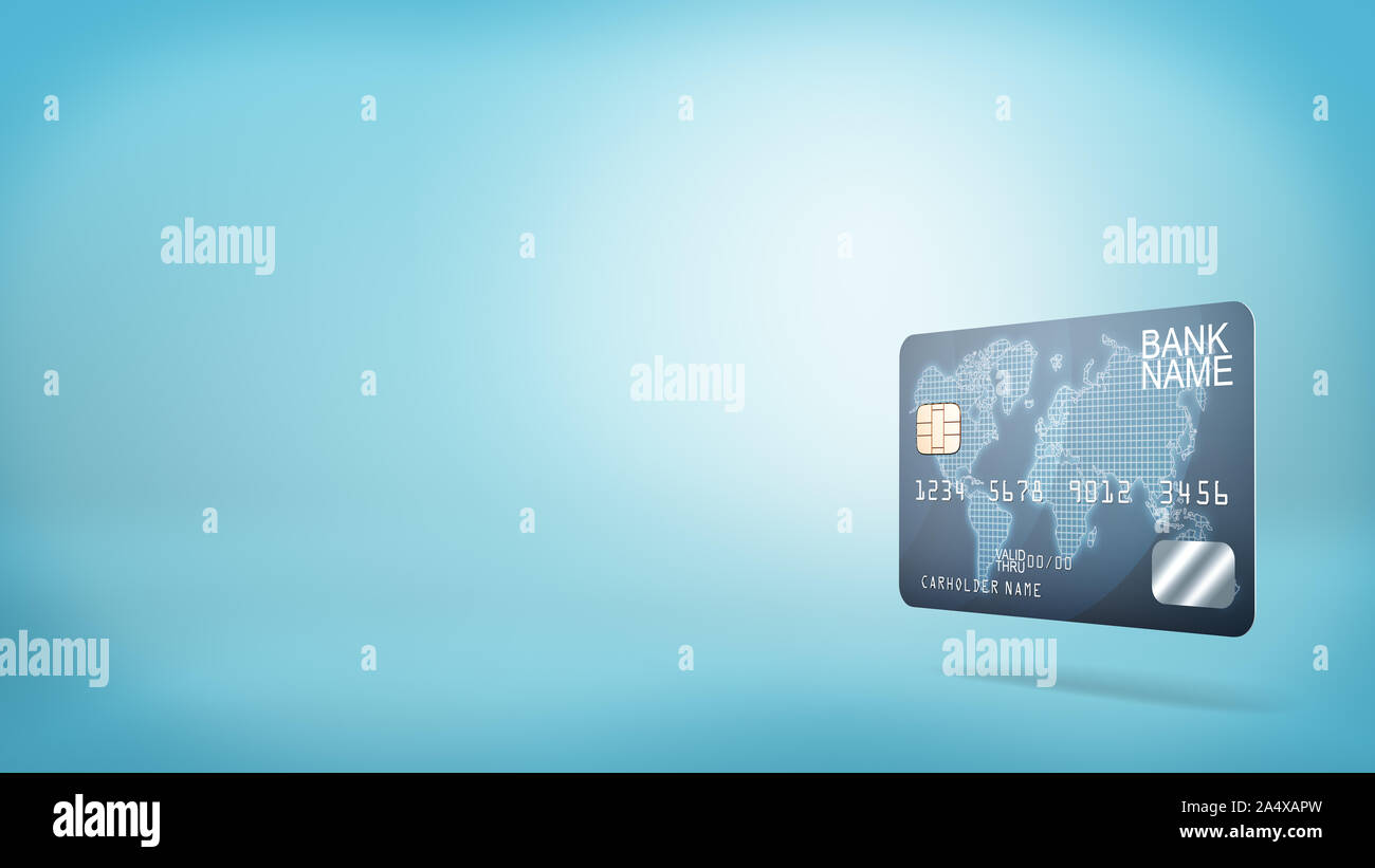 3d rendering of a single blue plastic banking card with generic name ...