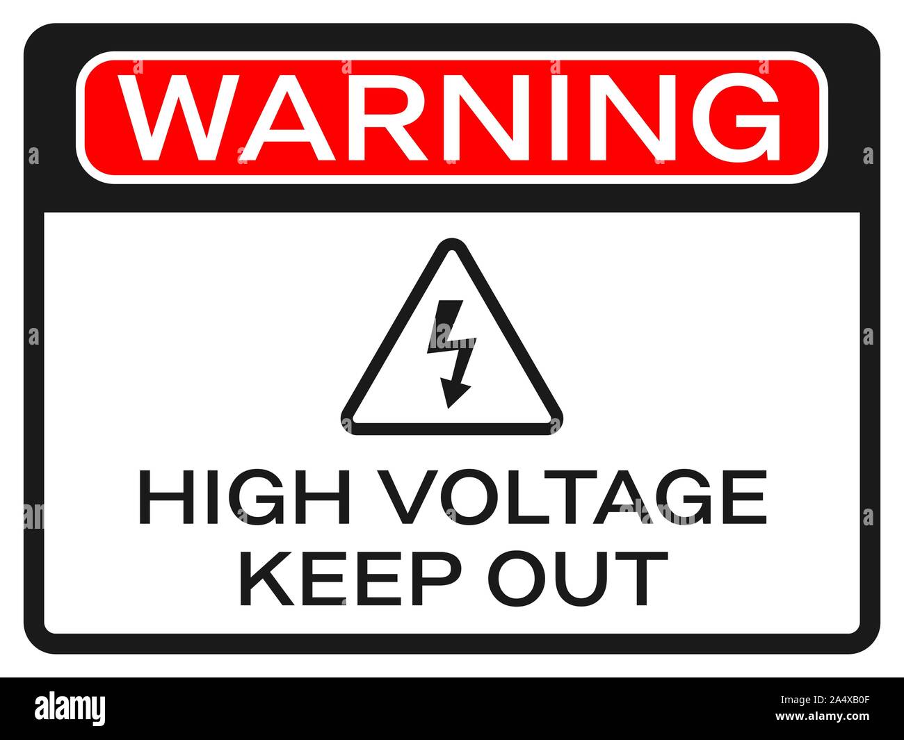 High Voltage sign on white background. Red warning text and black arrow ...