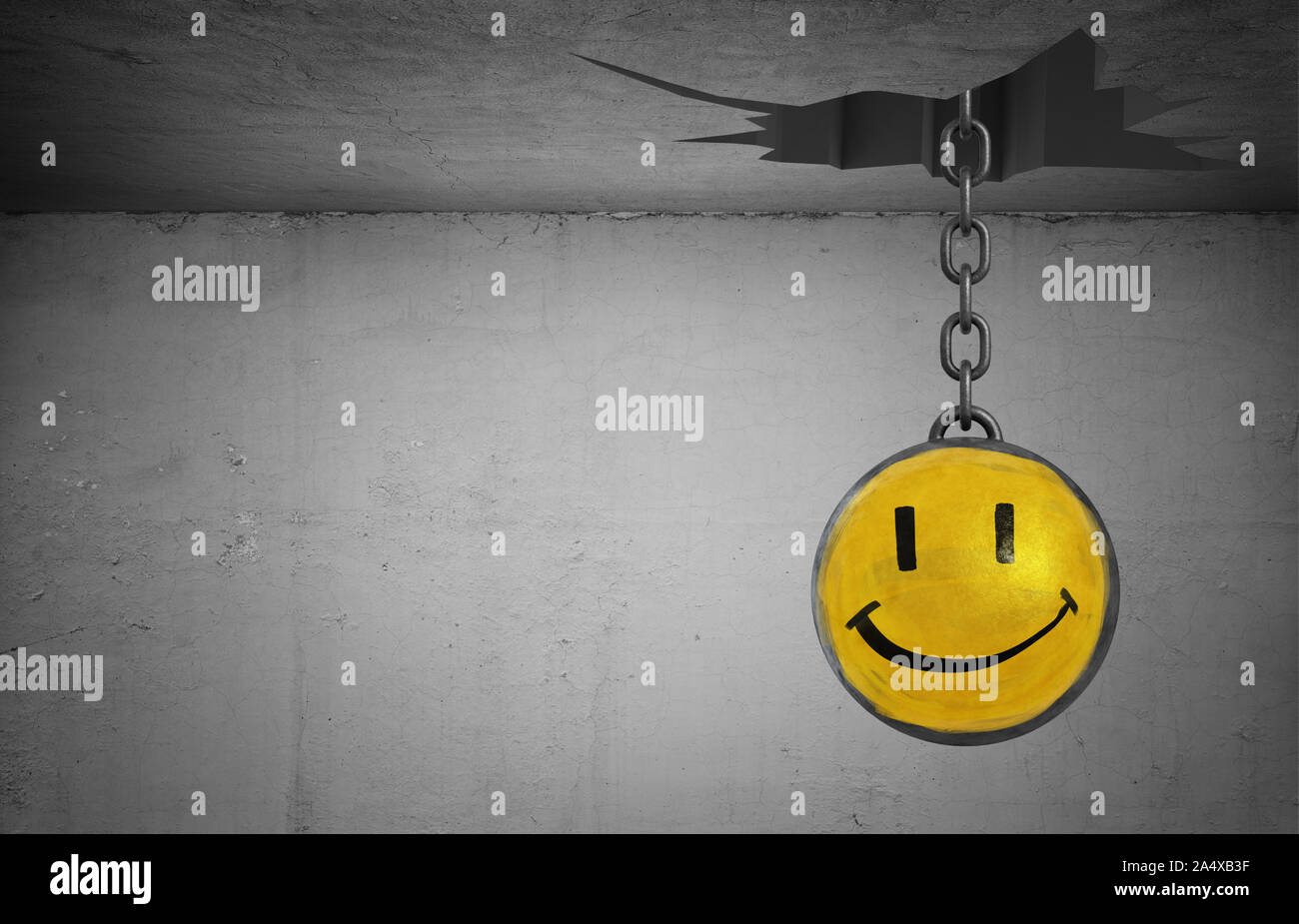3d rendering of a wrecking ball with a happy face drawing hangs from a ...