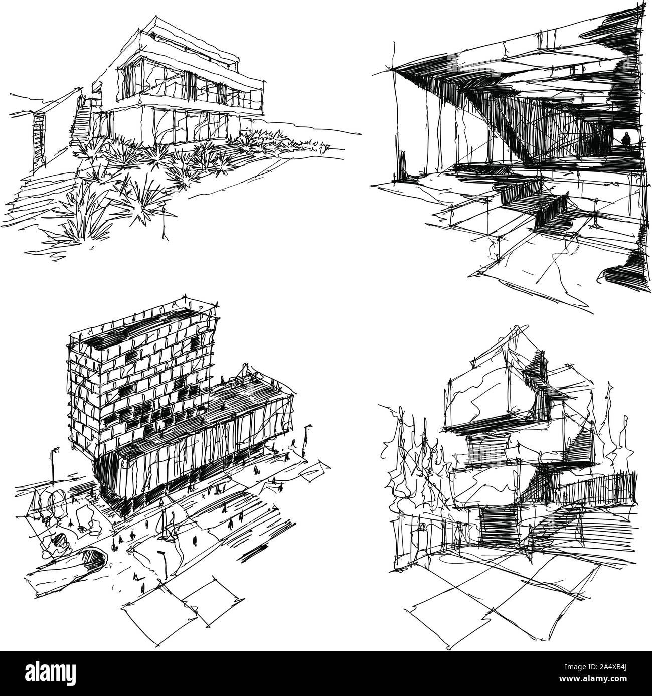 four hand drawn architectectural sketches of a modern abstract ...