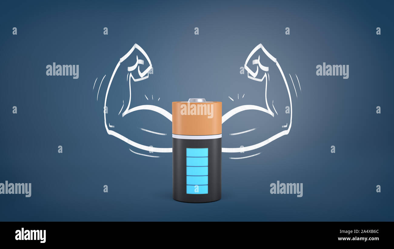3d rendering of a large black and orange battery with full power ...