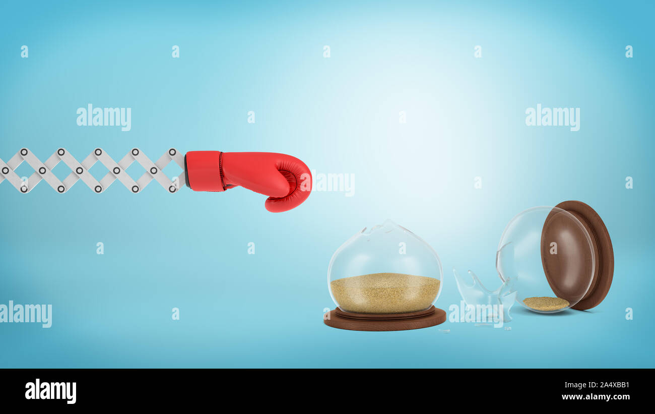 3d rendering of a red boxing glove on a metal extending arm near a ...