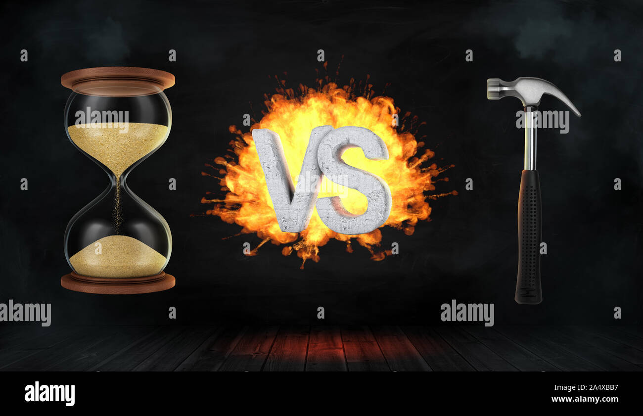 3d rendering of a concrete flaming letters VS stand between a full ...