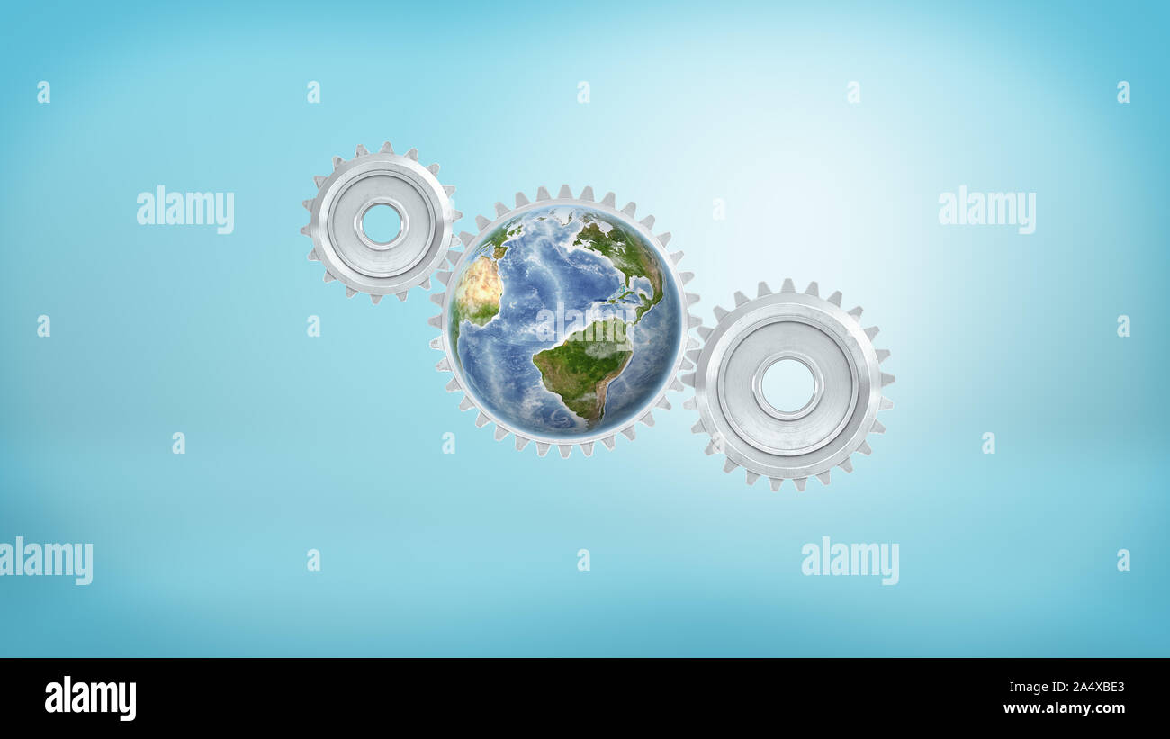 3d rendering of a three metal gears interlocked together where one gear ...