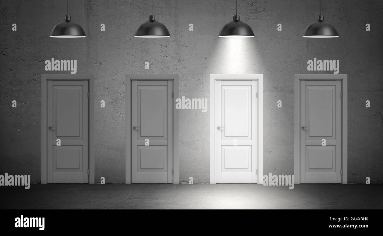 3d rendering of a four industrial lamps hang above identical doors and ...