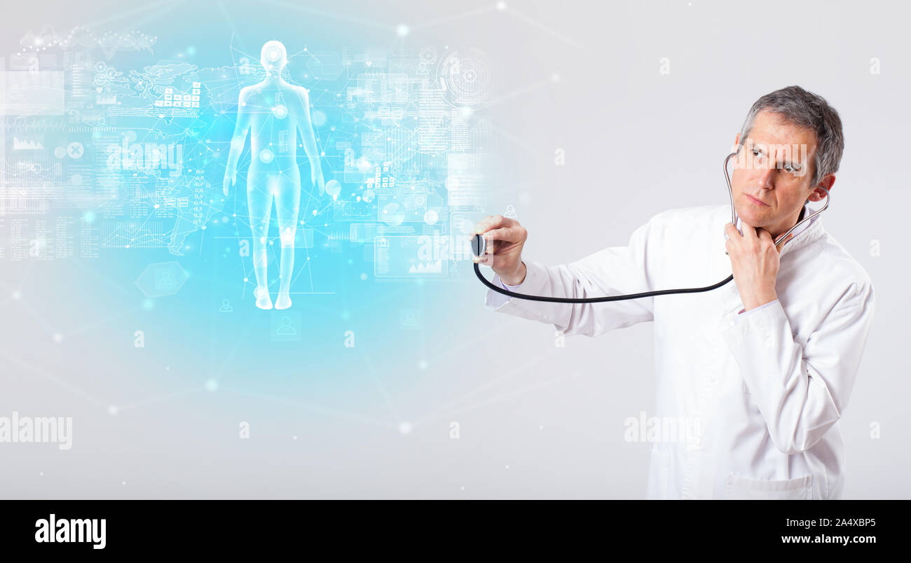 Middle aged scientist with full body map concept Stock Photo - Alamy