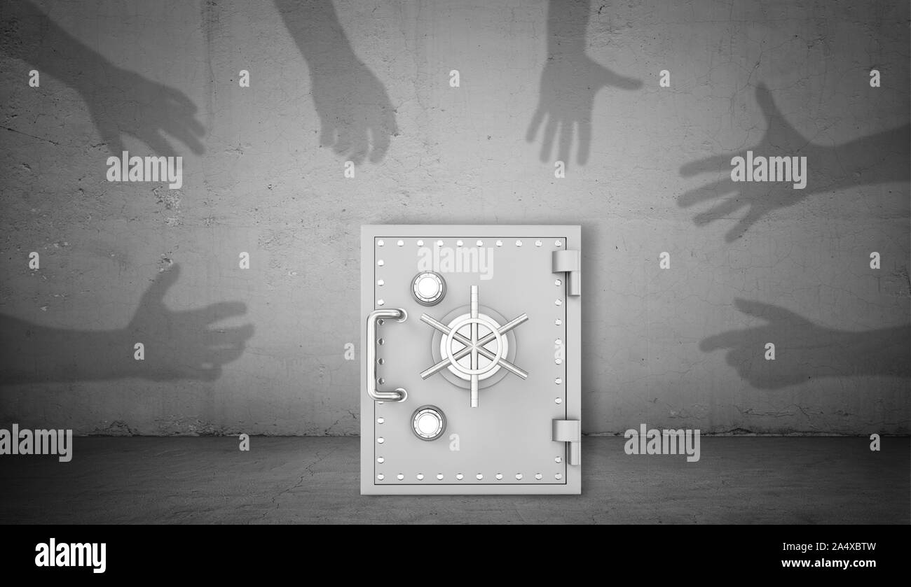 3d rendering of a single closed retro safe box stands on concrete ...