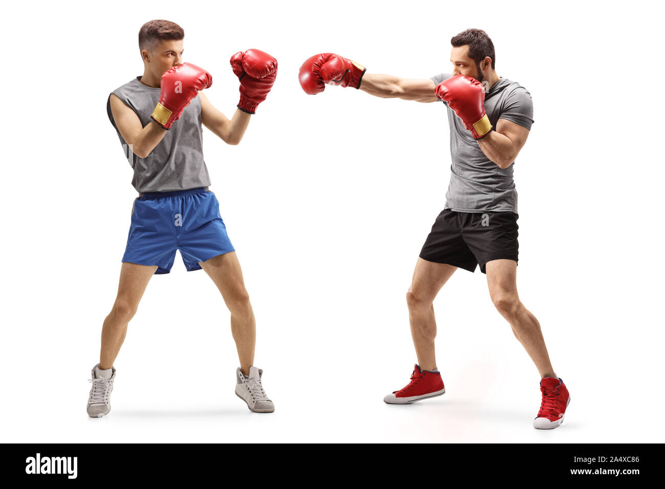 Full length shot of a two young men fighting with boxing gloves ...