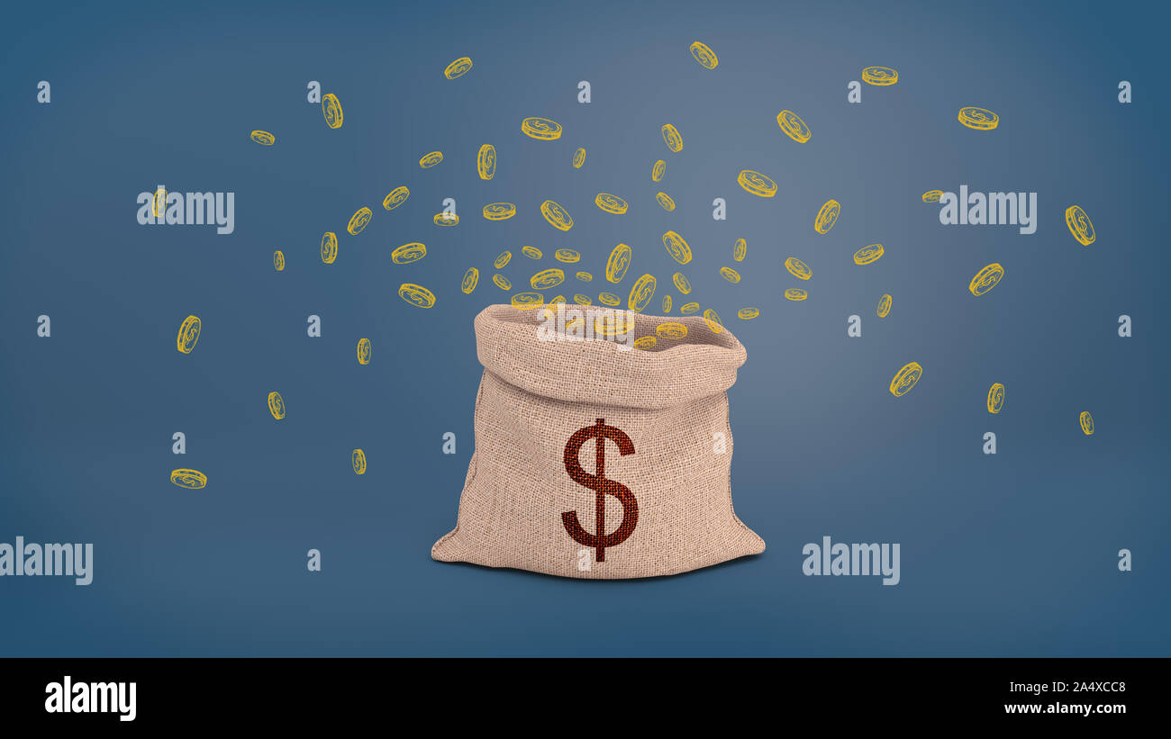3d rendering of a open hessian sack with a dollar sign stands on a blue ...