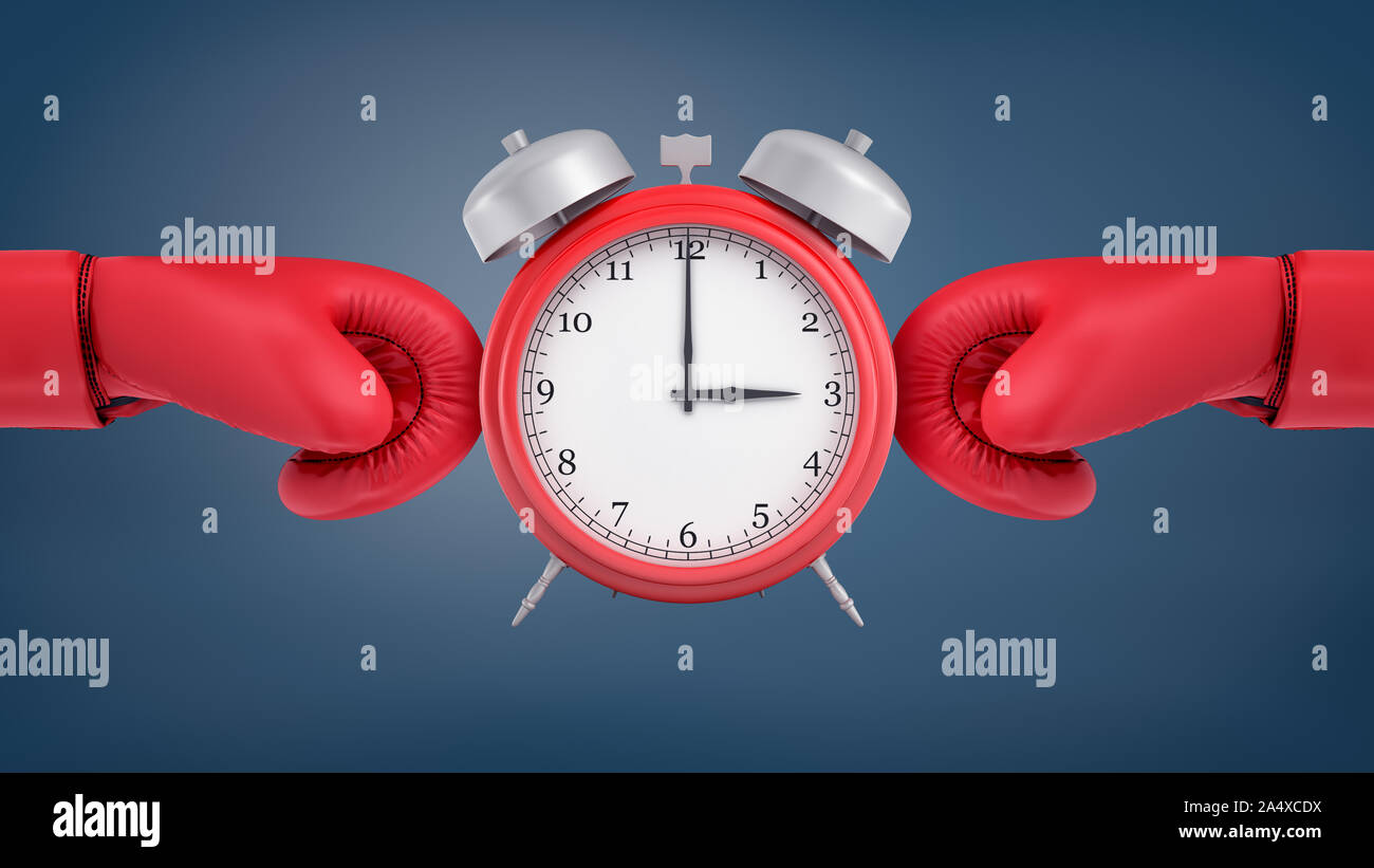 3d rendering of a red retro alarm clock stands between red boxing ...