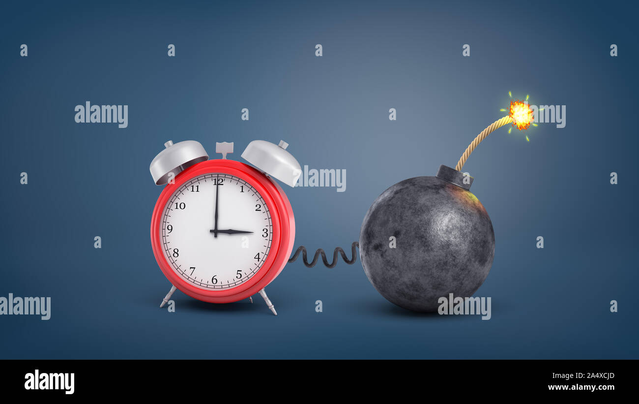 3d rendering of a large red retro alarm clock connected by wire to a ...