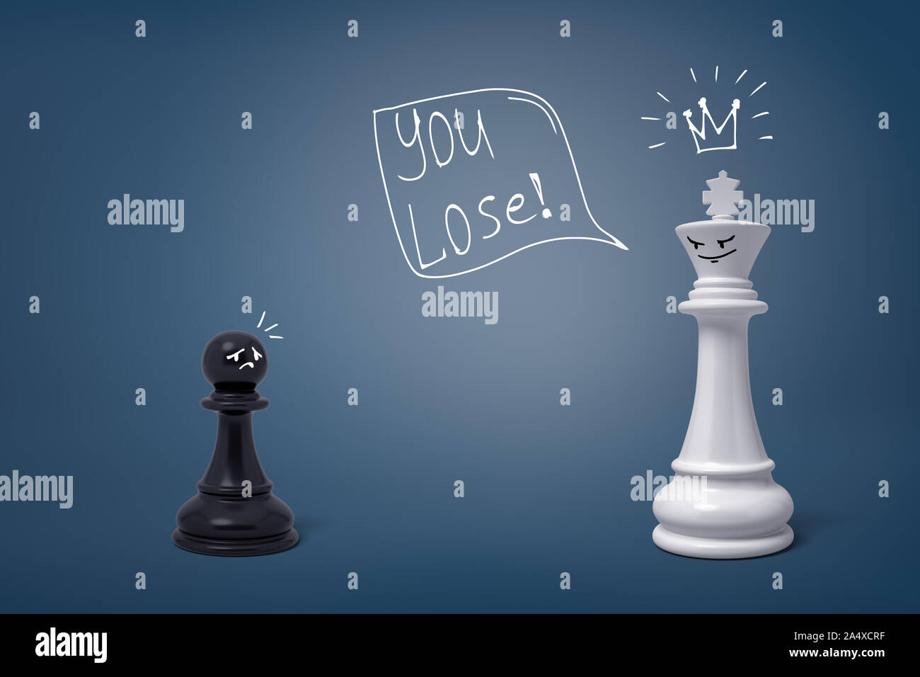 3d rendering of a small black chess pawn with a sad face stands near a ...