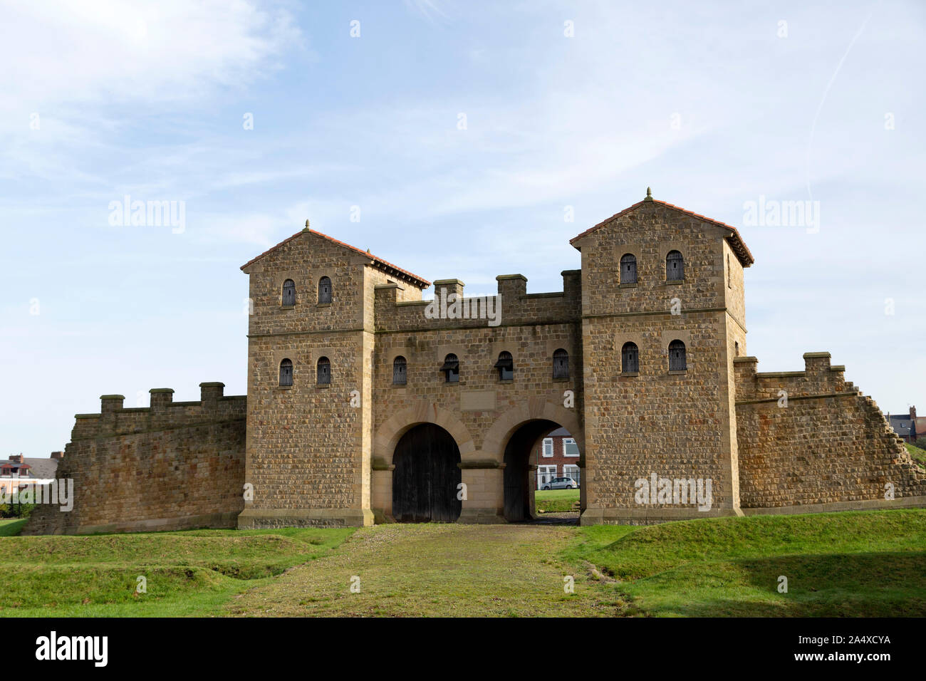 The reconstructed main gate of the Roman Fort (Arbeia) in South Shields ...