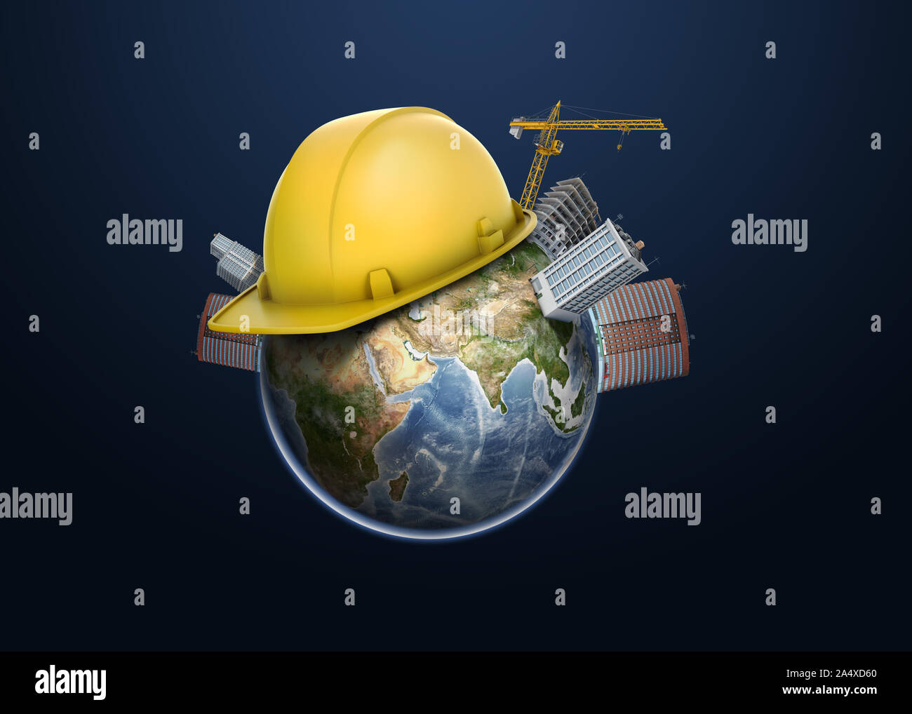 3d rendering of Earth globe apartment buildings, constriction cranes ...