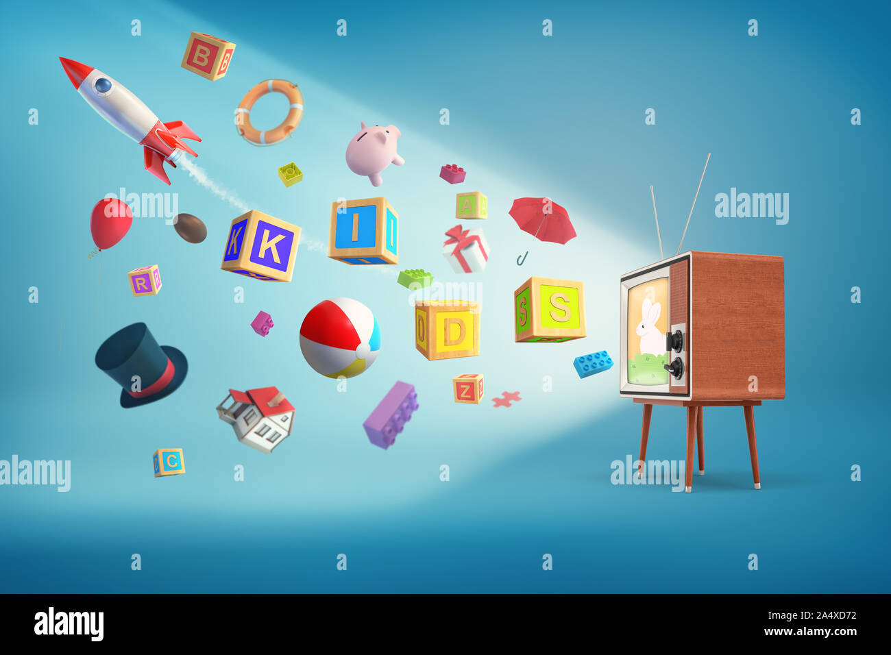 3d rendering of a retro TV set stands on wooden legs with cartoon ...