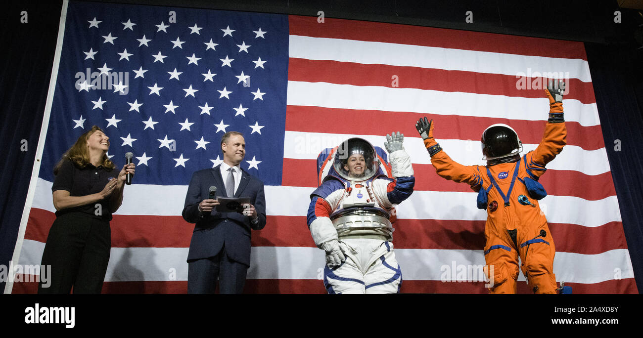 Amy Ross, a spacesuit engineer at NASA's Johnson Space Center, left ...
