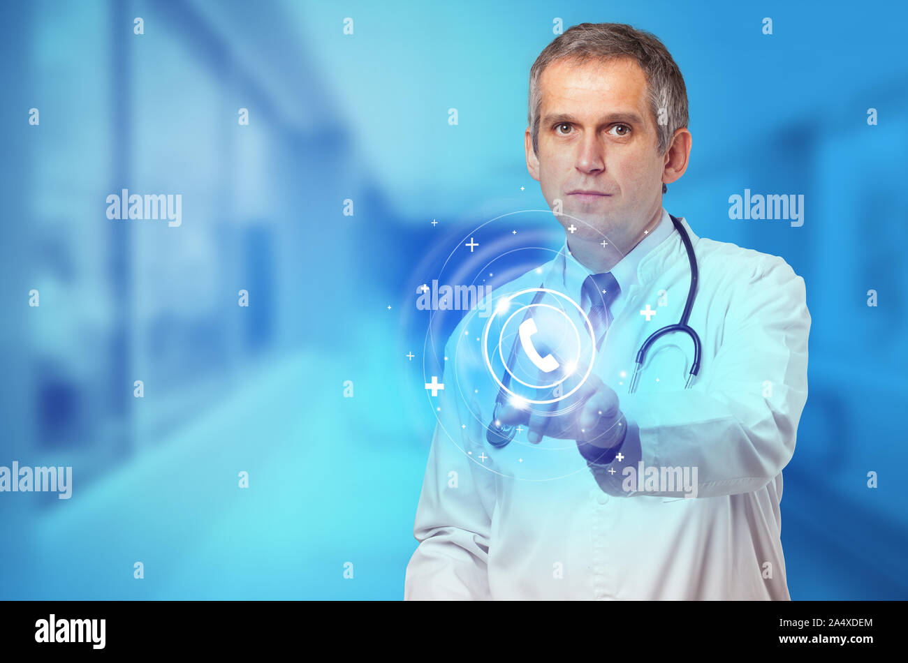 Doctor touching blue screen with call center concept Stock Photo - Alamy