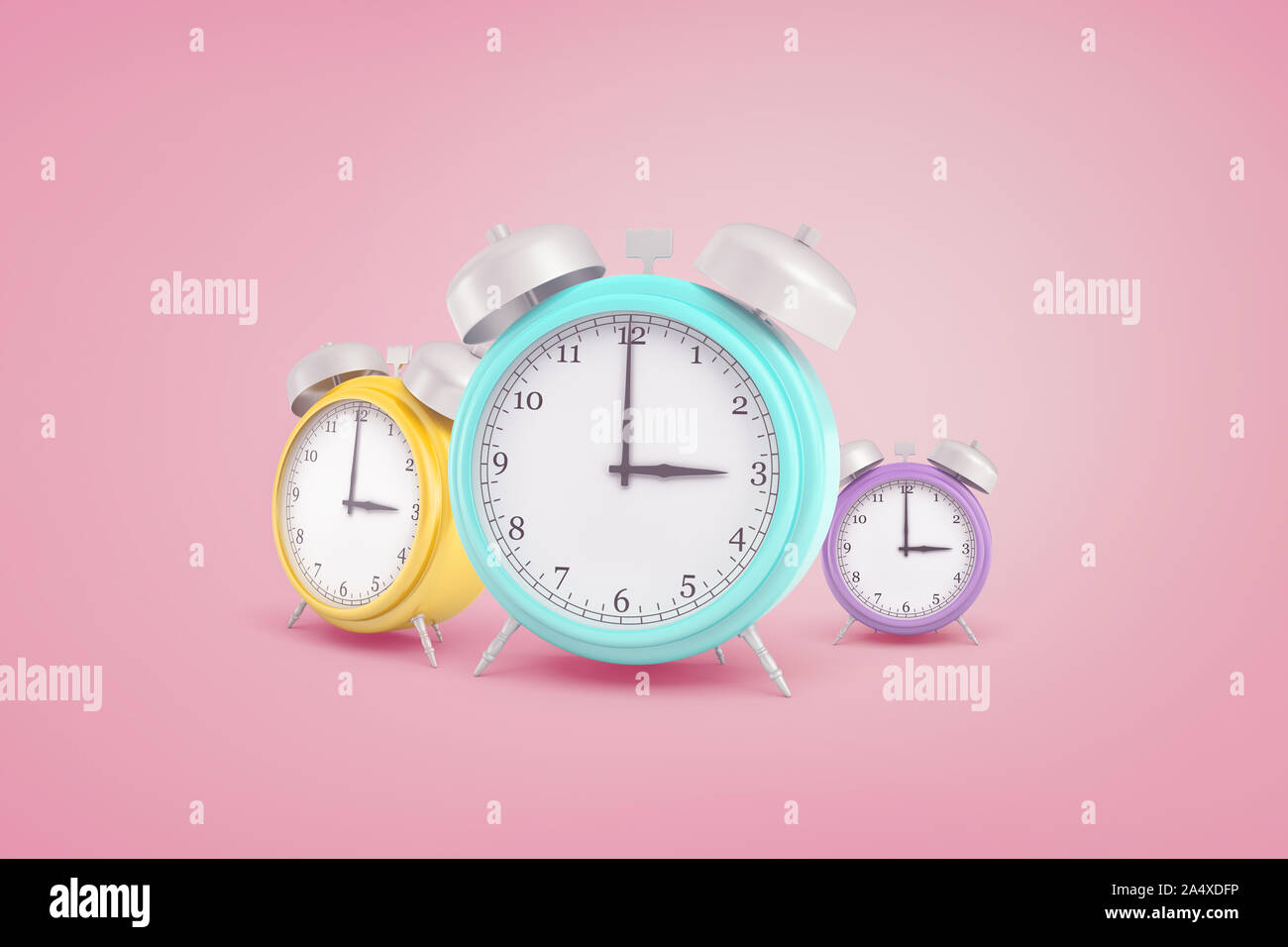 3d rendering of three retro pastel colored alarm clocks standing near ...