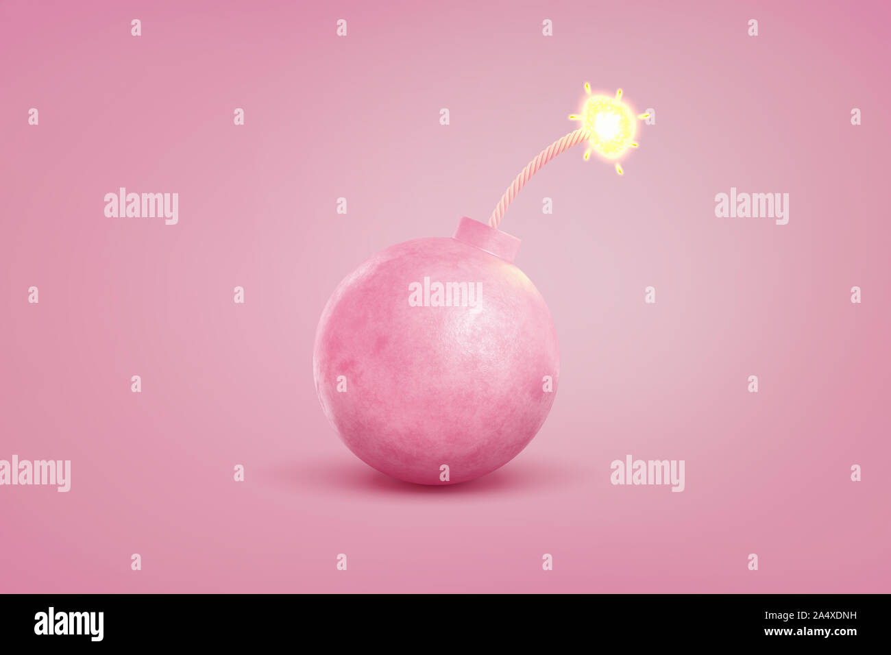3d rendering of single large pink iron bomb with a lit fuse stands on a ...