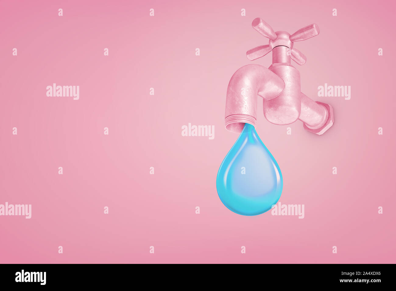 3d rendering of large pink water tap with a giant blue water drip ...