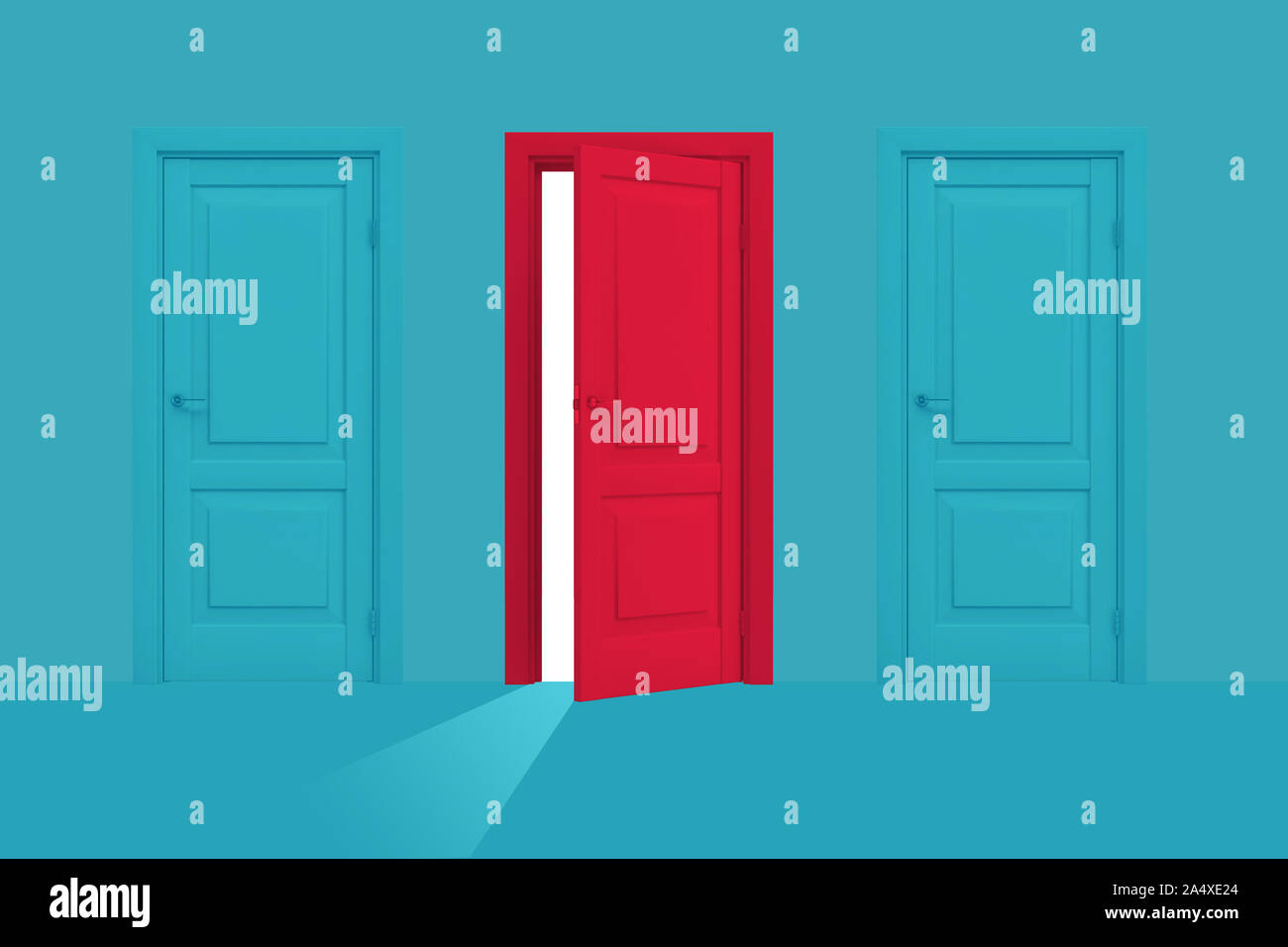 3d rendering of red semi-opened door stands between two closed blue ...