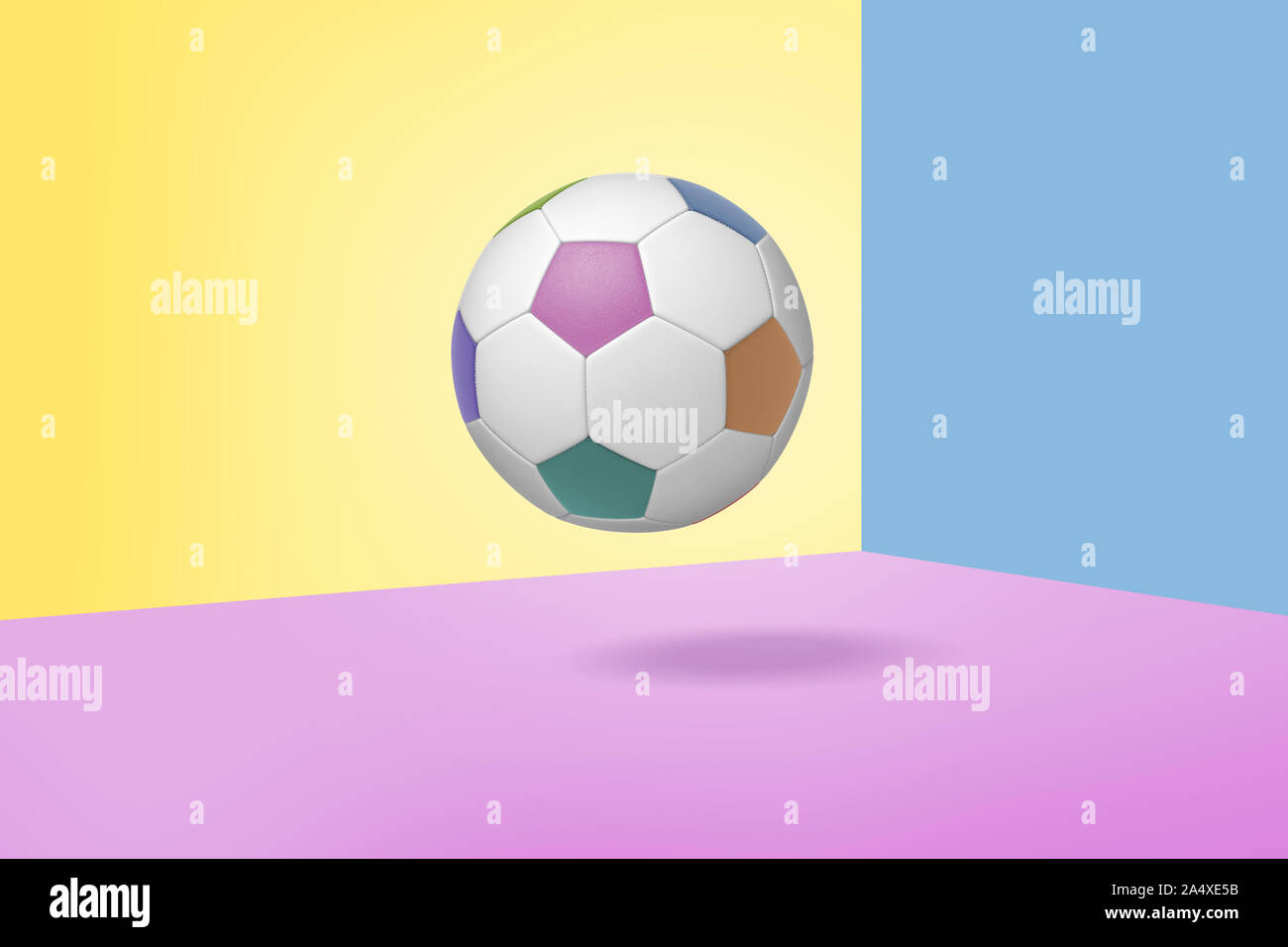 3d rendering of a single soccer ball with colorful patches hands on ...