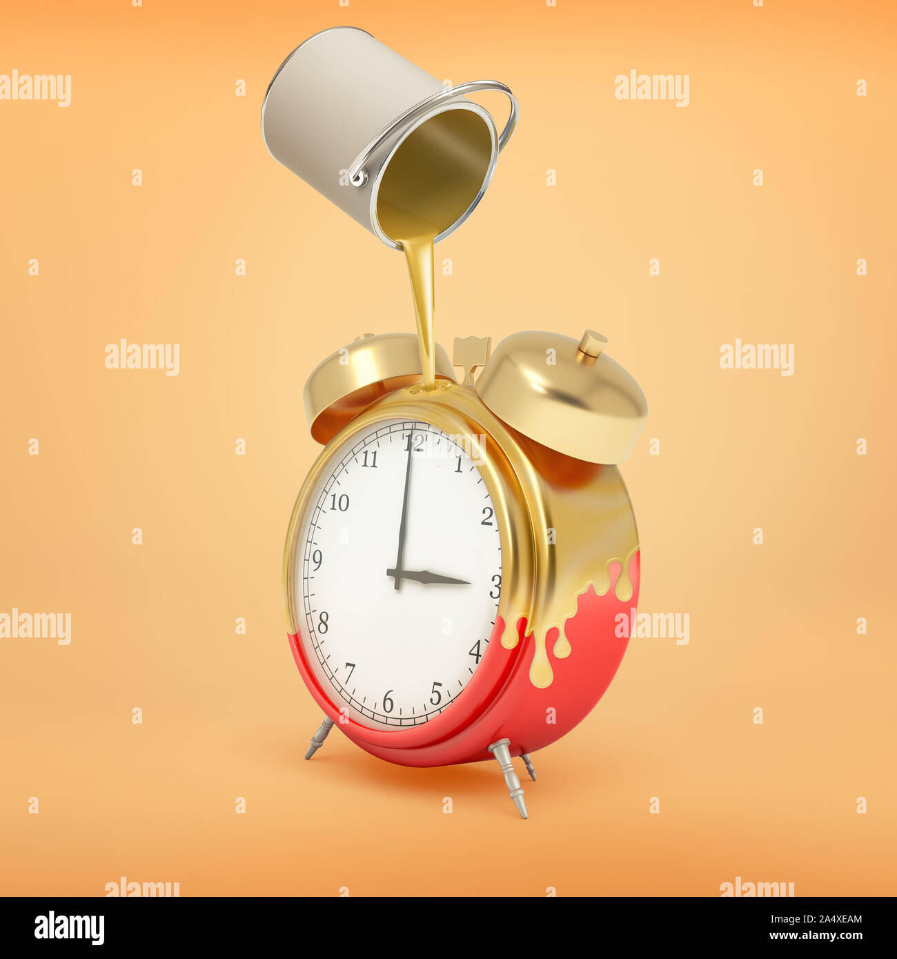 3d rendering of overturned bucket of paint turns a large alarm clock ...