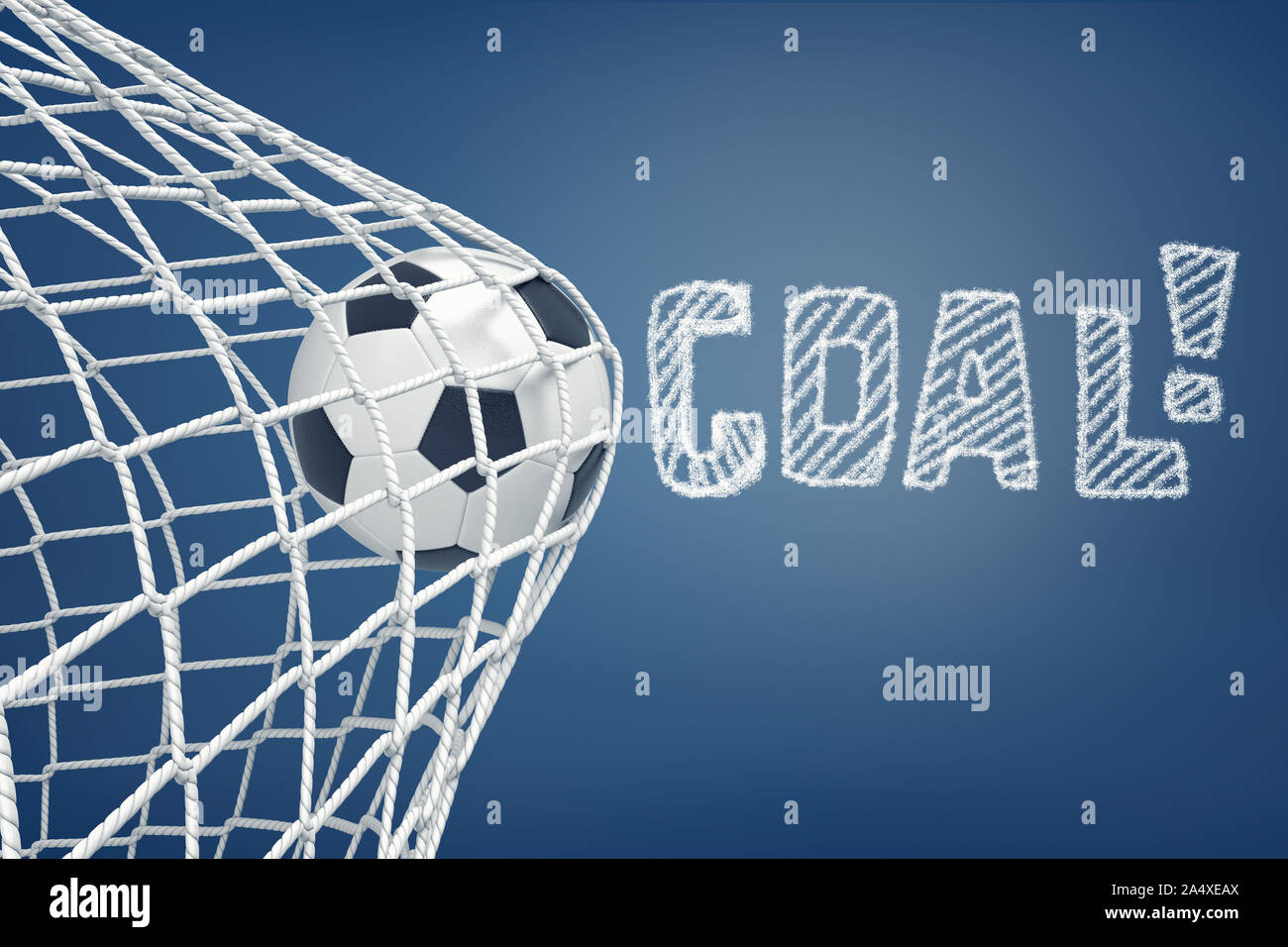 3d rendering of football ball caught inside a gate mesh near a chalk ...