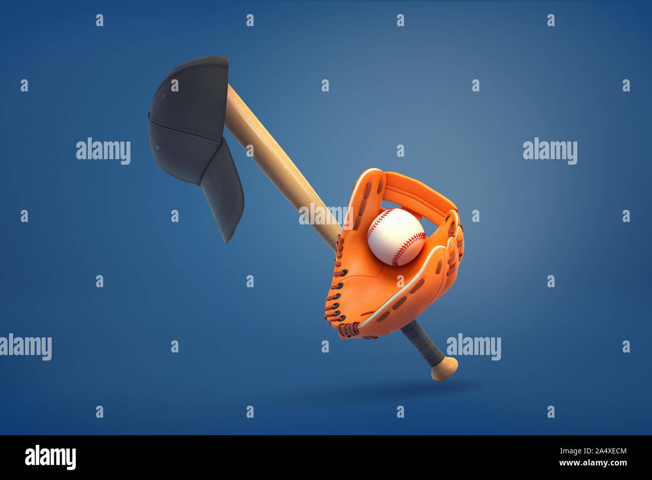 3d rendering of baseball bat with a cap hanging from it and a mitt with ...