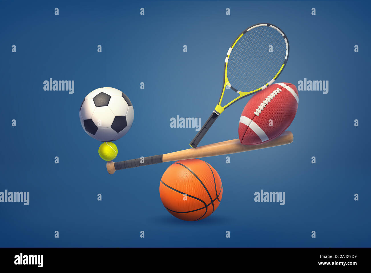 3d rendering of a baseball bat balances on a basketball ball and holds ...