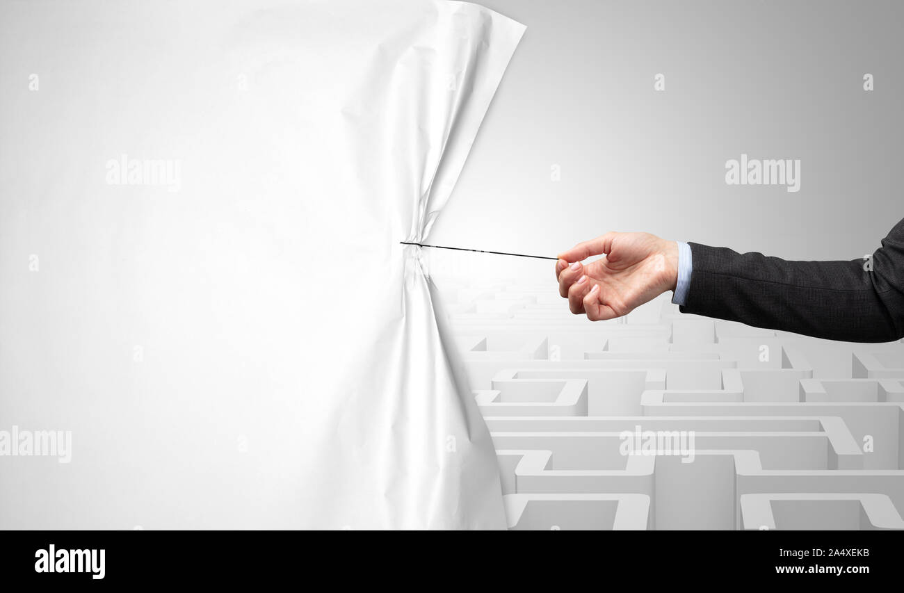 Hand pulling paper curtain, changing scene concept Stock Photo - Alamy