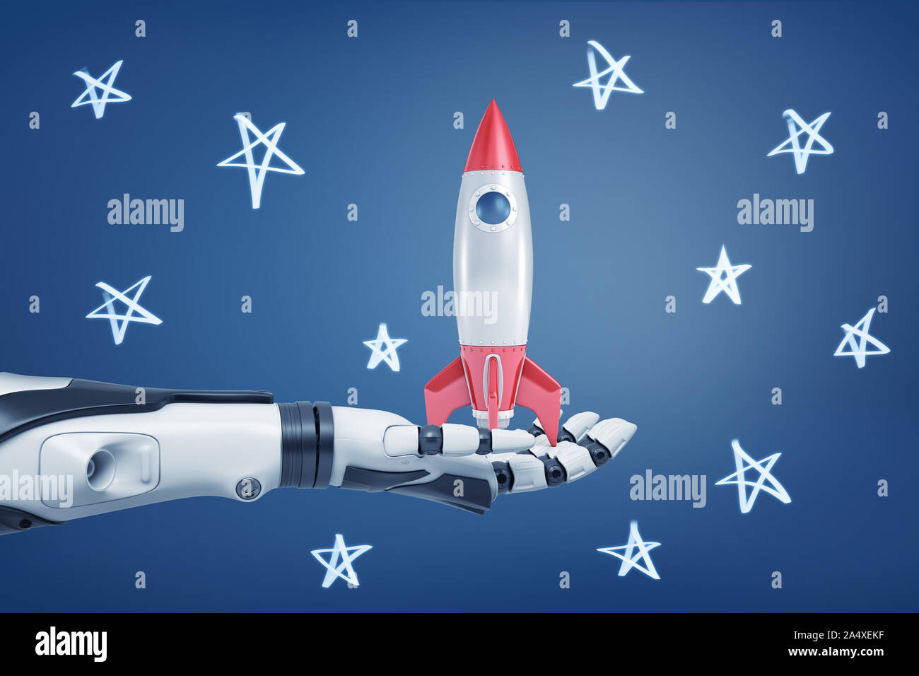 3d rendering of black and white robotic arm holds a small retro rocket ...