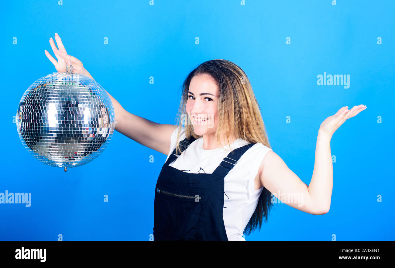girl with disco ball. party goer. lets dance. night life concept. ready ...