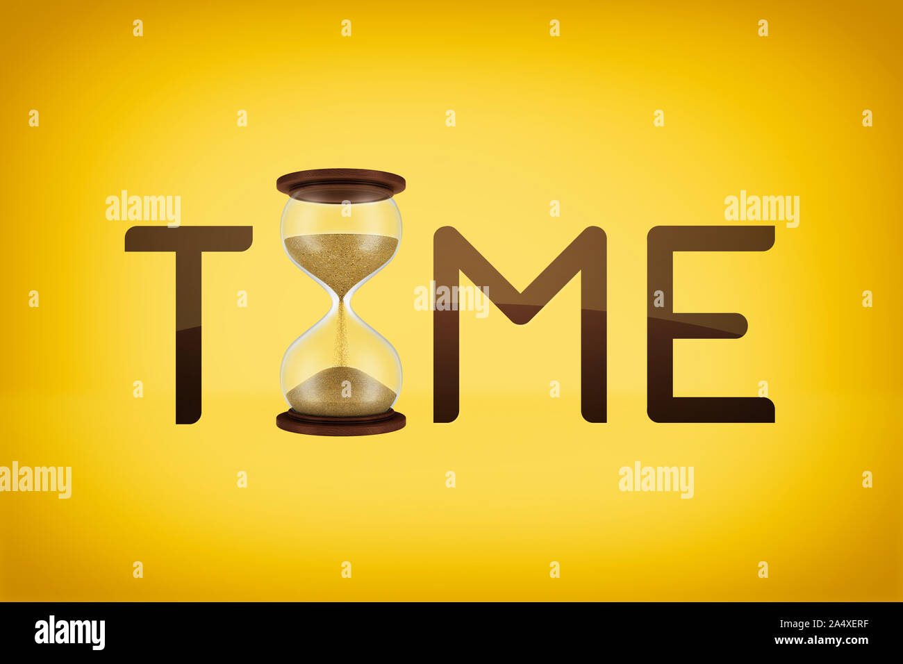 3d rendering of yellow background with the word TIME where a hourglass ...
