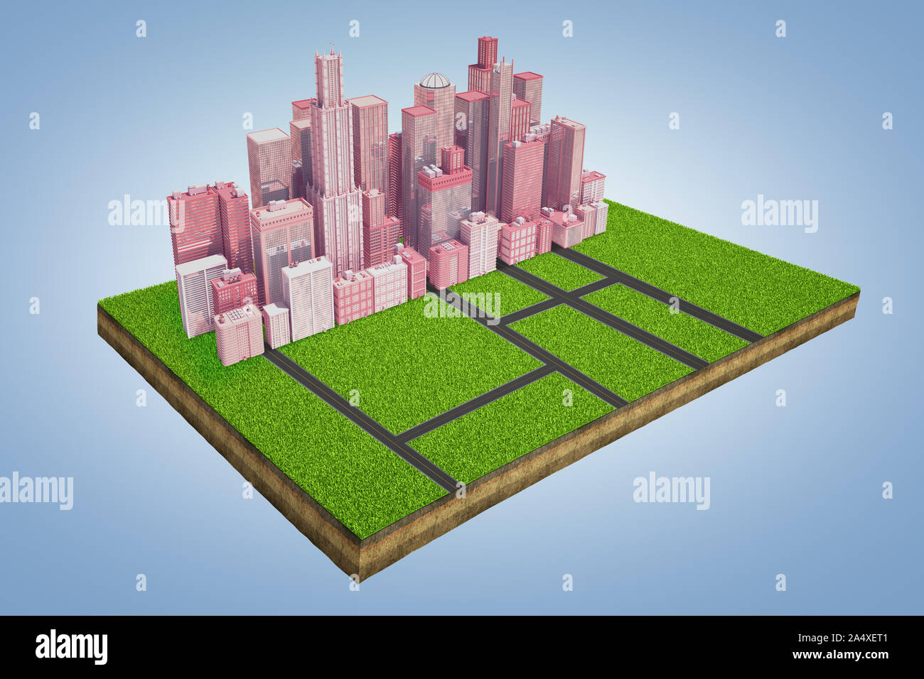 3d rendering of a model of a land plot with a cluster of tall business ...