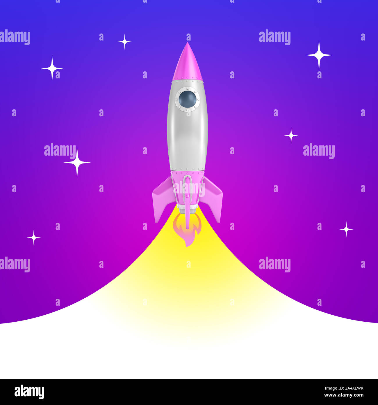 3d rendering of retro metal spaceship starts up with a flame underneath ...