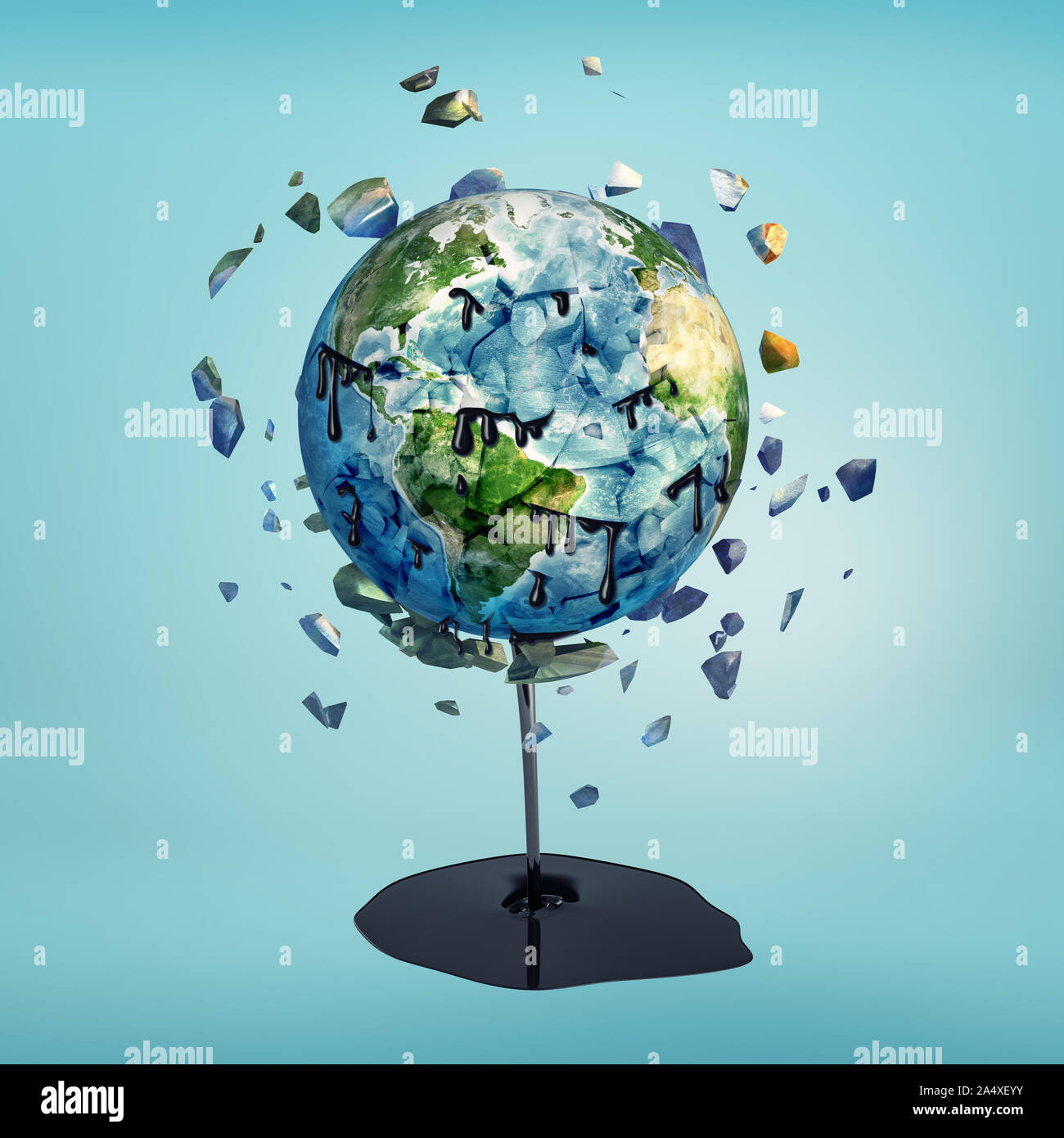3d rendering of earth sphere shattered with oil spill on blue ...