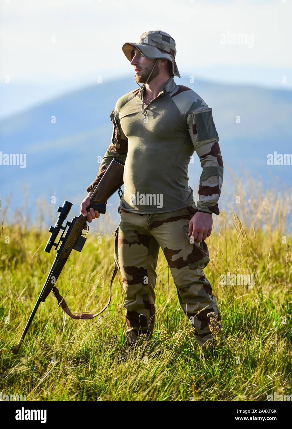 Poacher. war time. soldier in service. weapon shop concept. weapon ...